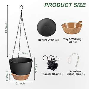 Vanslogreen 10 Inch Hanging Planter, 2 Pack Plant Hanger Indoor Outdoor, Self Watering Plant Pot Hanging Baskets Holder Plants with Drainage Holes & Removable Tray for Garden Home (Black)