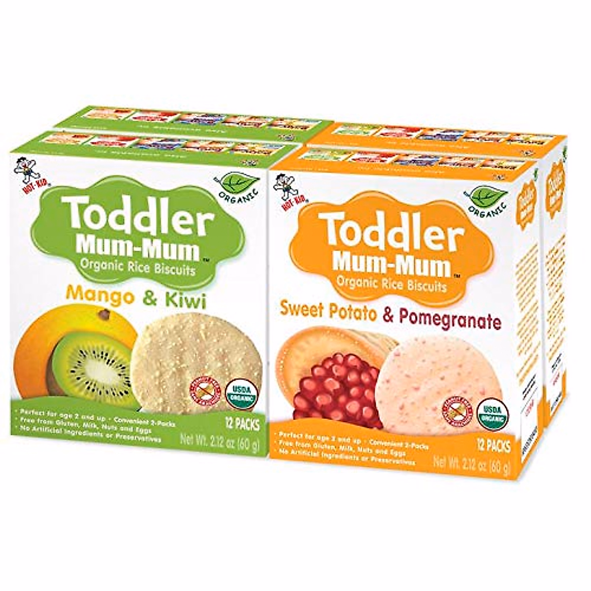 Hot-Kid Baby Mum-Mum Rice Rusks, 2 Flavor Variety Pack, 24 Pieces (Pack of 4) 2 Each: Organic Sweet Potato & Pomegranate/Mango & Kiwi Organic, Gluten Free, Allergen Free, Non-GMO