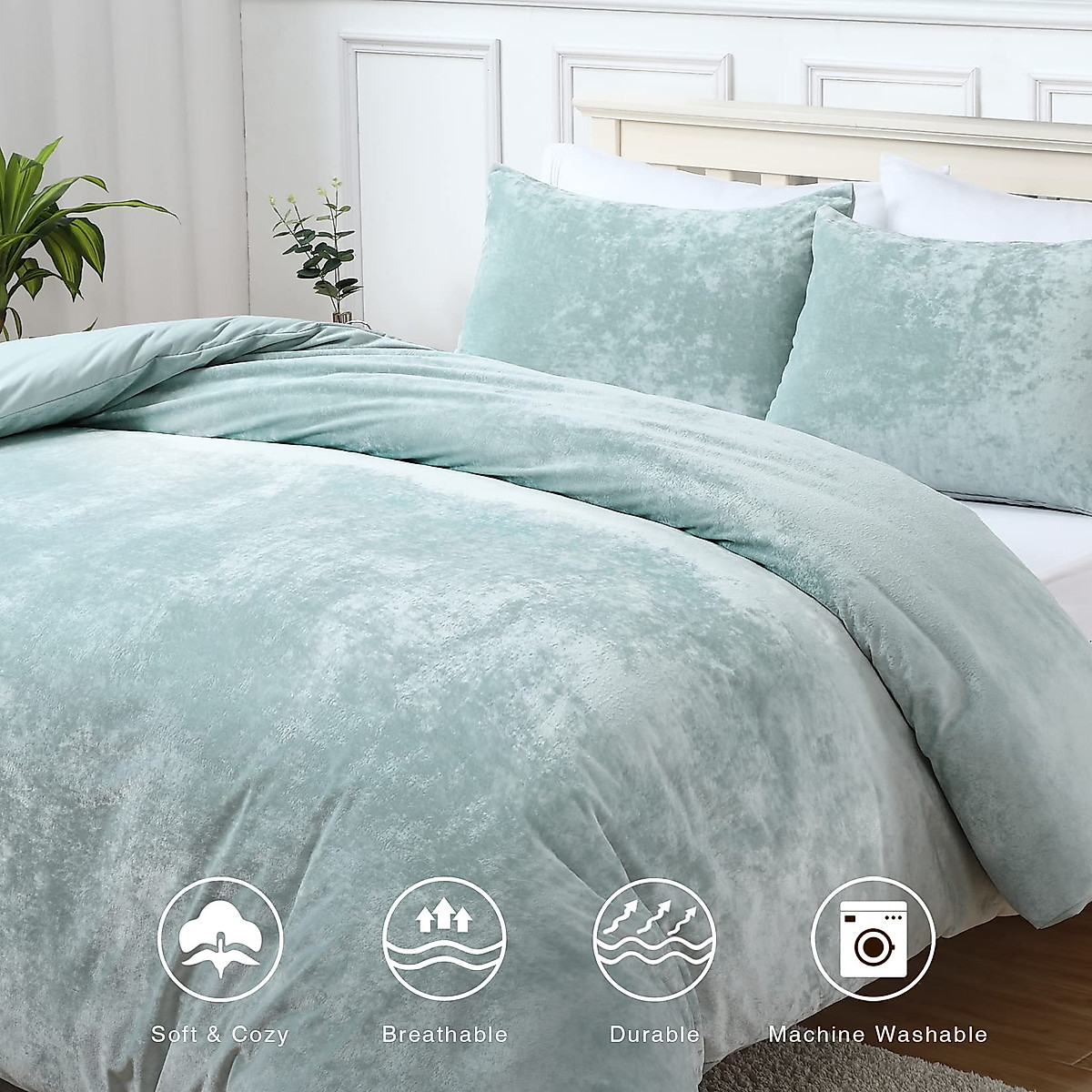 CAROMIO Velvet Duvet Cover Sets - 3 Pieces Lavish Design Comforter Cover King Size, Soft and Warm Bedding Cover Set for All Seasons, Aqua Green, 104x90 Inches