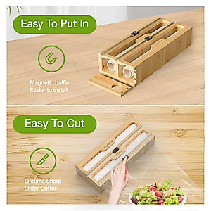 KOCWELL Bamboo Bag Storage Organizer - 2 Wrap Dispenser with Cutter & 4 Slots Food Storage Bags Container - Kitchen Drawer Plastic Bags Storage Organization for Gallon Quart Sandwich Snack Bags