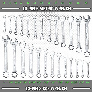 SWANLAKE 26PCS Combination Wrench Set with Roll-up Pouch, wrench set metric and standard, SAE 1/4” - 1” and Metric 8mm - 24mm