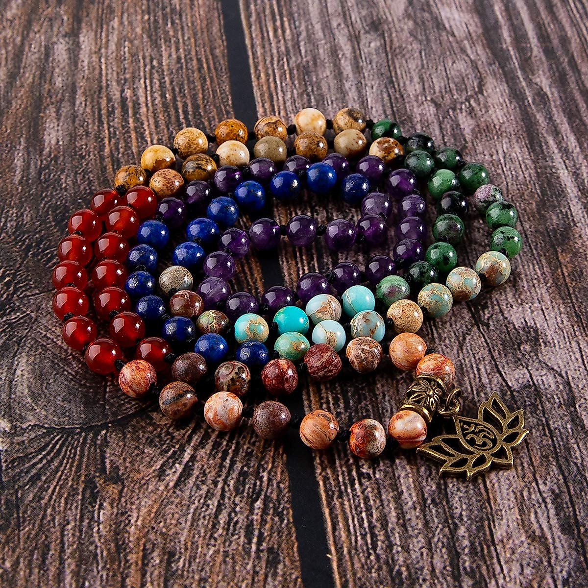Bivei 7 Chakra 108 Mala Beads Bracelet Real Healing Gemstone Yoga Meditation Hand Knotted Mala Prayer Bead Necklace(Lotus OM-6mm beads)