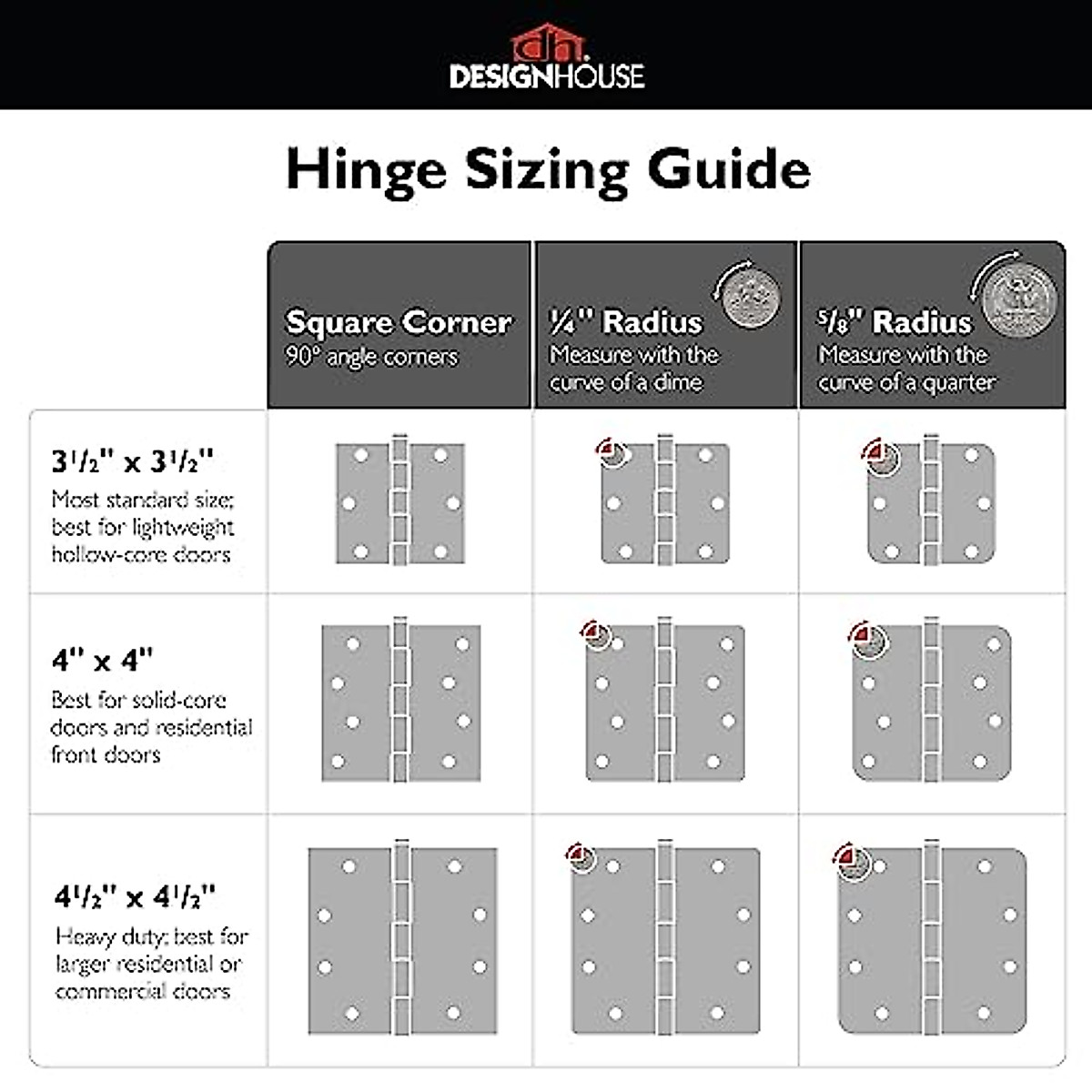 Door Hinges for Interior Doors 10-Pack 4-inch x 4-inch, Design House 1/4-inch Radius Steel Door Hinge Door Hardware, Matte Black, 188953