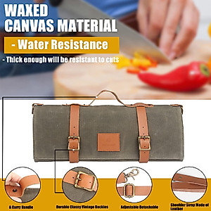 FIREDOG Wessleco Chef Knife Roll Bag (10 Pockets), Waxed Canvas Knife Carrying Case Storage with Handle & Shoulder Strap, Zipper Pouch for Culinary Tools (Knives Not Included)