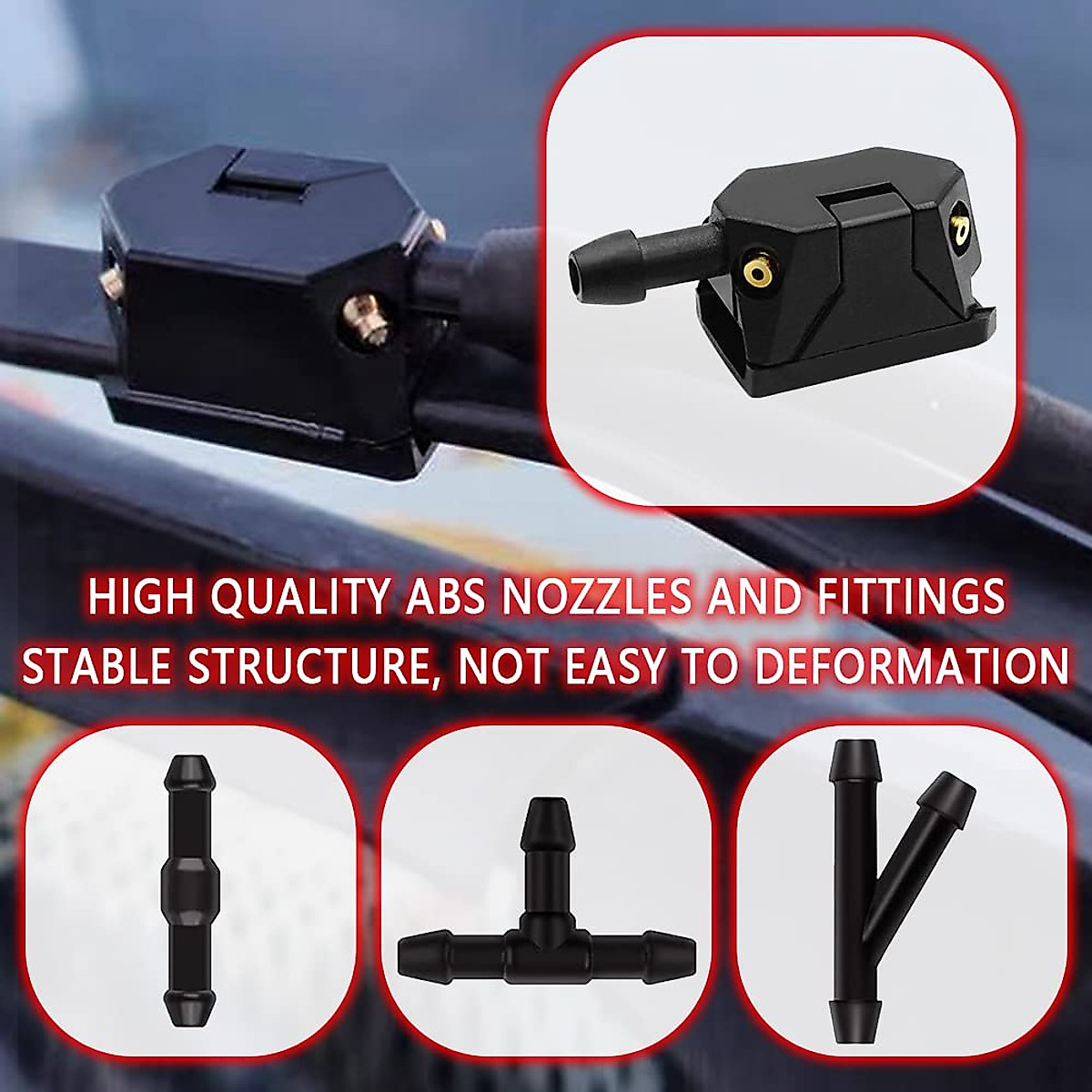 Front Windshield Washer Nozzles Kit,2Pcs 4Holes Arm-mounted Windshield Washer Nozzle+4 Pcs Hose Connectors+4M Washer Fluid Hose Automotive Replacement Windshield Wiper Nozzles for Lorry
