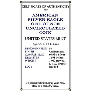 2019 - American Silver Eagle .999 Fine Silver with Our Certificate of Authenticity Dollar Uncirculated US Mint