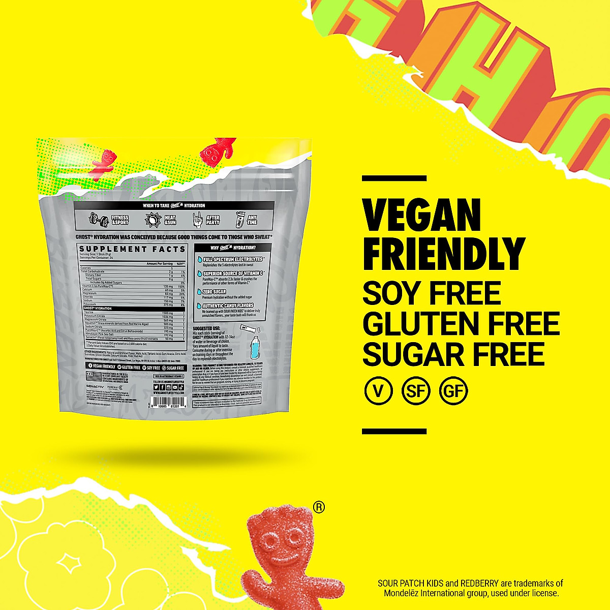 GHOST Hydration Packets, Sour Patch Kids Redberry, 24 Sticks, Electrolyte Powder - Drink Mix Supplement with Magnesium, Potassium, Calcium, Vitamin C - Vegan, Free of Soy, Sugar & Gluten