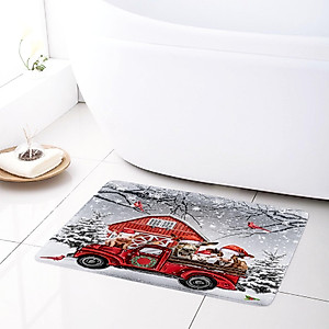 LB Rustic Christmas Bath Mat Pig Donkey Cow on Red Farmhouse Truck Area Rug for Bathroom White Snow Grey Winter Doormat Non Slip Memory Foam Super Absorbent Floor Mats,24Wx16H Inch