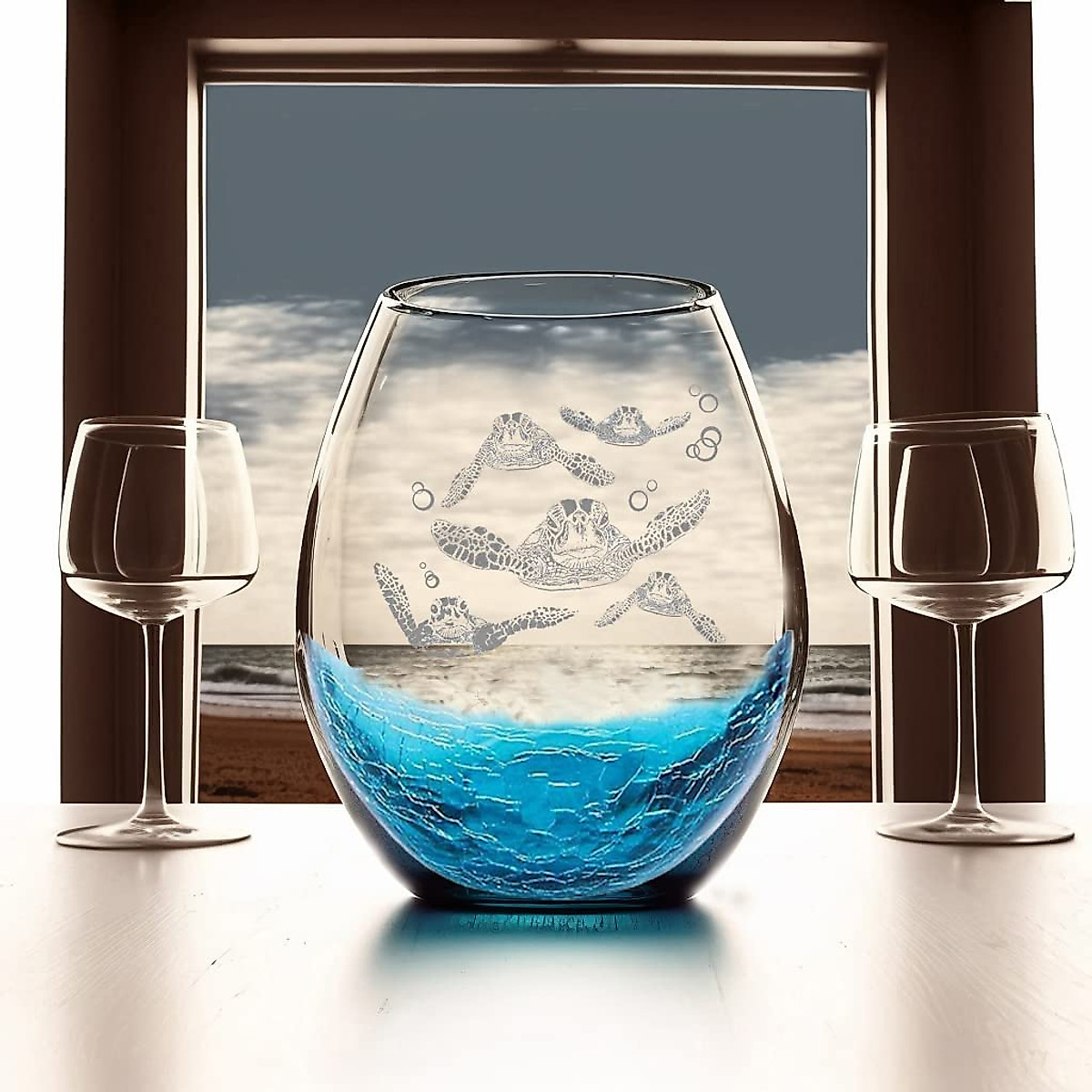 Deeply Etched Sea Turtles Family Handmade Engraved Crackle Turquoise Beach Wine Glass, Valentines Day Gifts Idea 2024