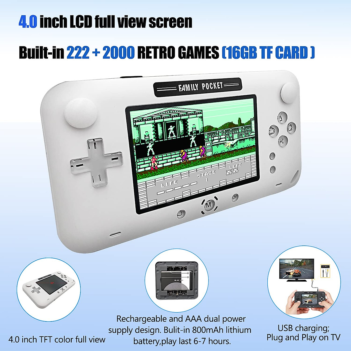 Handheld Games Console Built-in 2000 Classic Games 4 Inch Screen Retro Game Player Electronic Travel Games Support TV and 2 Players for Kids Adults
