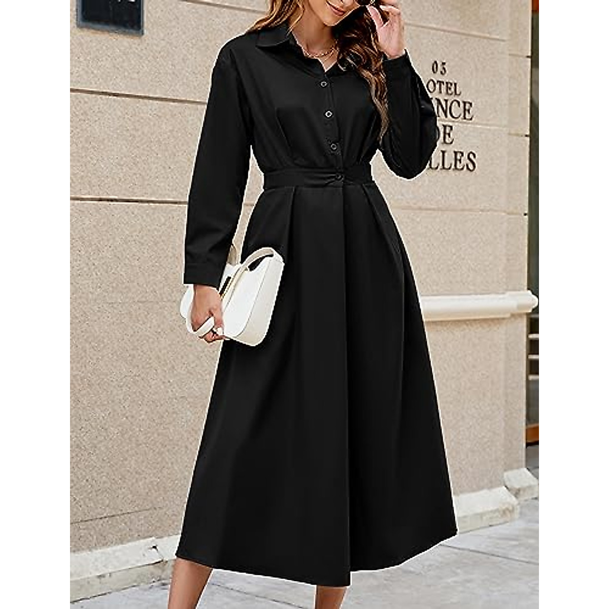 Ladyful Elegant Cotton Shirt Dress for Women A-line Long Sleeve Maxi Dress Black