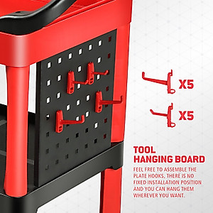 DNA MOTORING 3-Level Heavy Duty Composite Workshop Trolley 120 kg / 260 Lbs Capacity Cart Side Portable On Wheels w/Pegboard for Garage Warehouse Workshop Use, Black/Red, TOOLS-00429