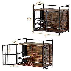 ROOMTEC Furniture Style Large Dog Crate with 360° & Adjustable Raised Feeder for Dogs with 2 Stainless Steel Bowls -End Table Dog House with Dog Pad (41Inch = Int.dims: 39.7" W x 22.4" D x 25.1" H)