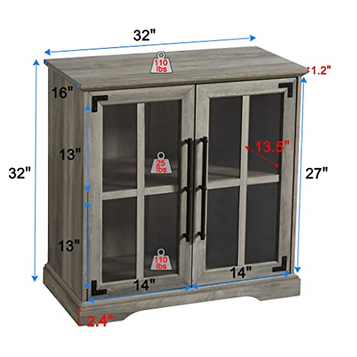 Okvnbjk Buffet Cabinet, 32 Inch Sideboard Coffee Bar Cabinet with Adjustable Shelves for Kitchen Small Accent Storage Cabinet(Grey Wash)