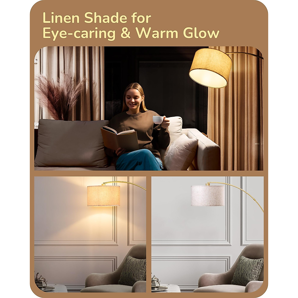 EDISHINE 78.3" Gold Arched Floor Lamp with Remote, Mid Century Modern Reading Light Over Chair, Tall Arc Standing Lamp for Living Room, Home Office, Reading Room, Dining Room, Dimmable Bulb Included