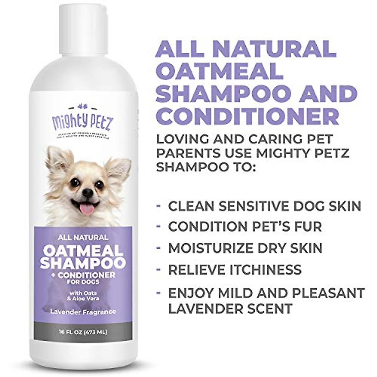 Mighty Petz 2-in-1 Oatmeal Dog Shampoo and Conditioner – Dog Shampoo Sensitive Skin for Dog's Itchy Dry Skin with Soothing Aloe Vera + Baking Soda + pH Balanced. Get Smelly Dogs Coat Fresh, 16 oz