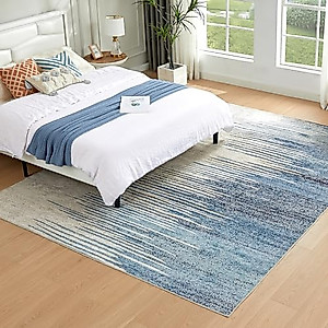 VKLIVING Washable Area Rug 9'x12' Abstract Thin Living Room Non Slip Bedroom Soft Low Pile Machine Washable Lightweight Large Area Rug, Blue&Beige
