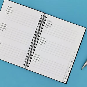 Nokingo Spiral Password Book with Alphabetical Tabs - 5x7 inch Password Organizer with A-Z Tabs for Internet Login, Website, Username, Password. Password Keeper for Home or Office, PU Cover, Teal