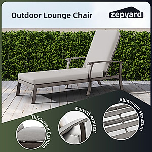 ZEPYARD Aluminum Patio Chaise Lounge Set of 3, Armrest Lounge Chair with Adjustable Backrest for Outside, All Weather Aluminum Lounge Chair for Deck Beach Poolside-Greige Cushion