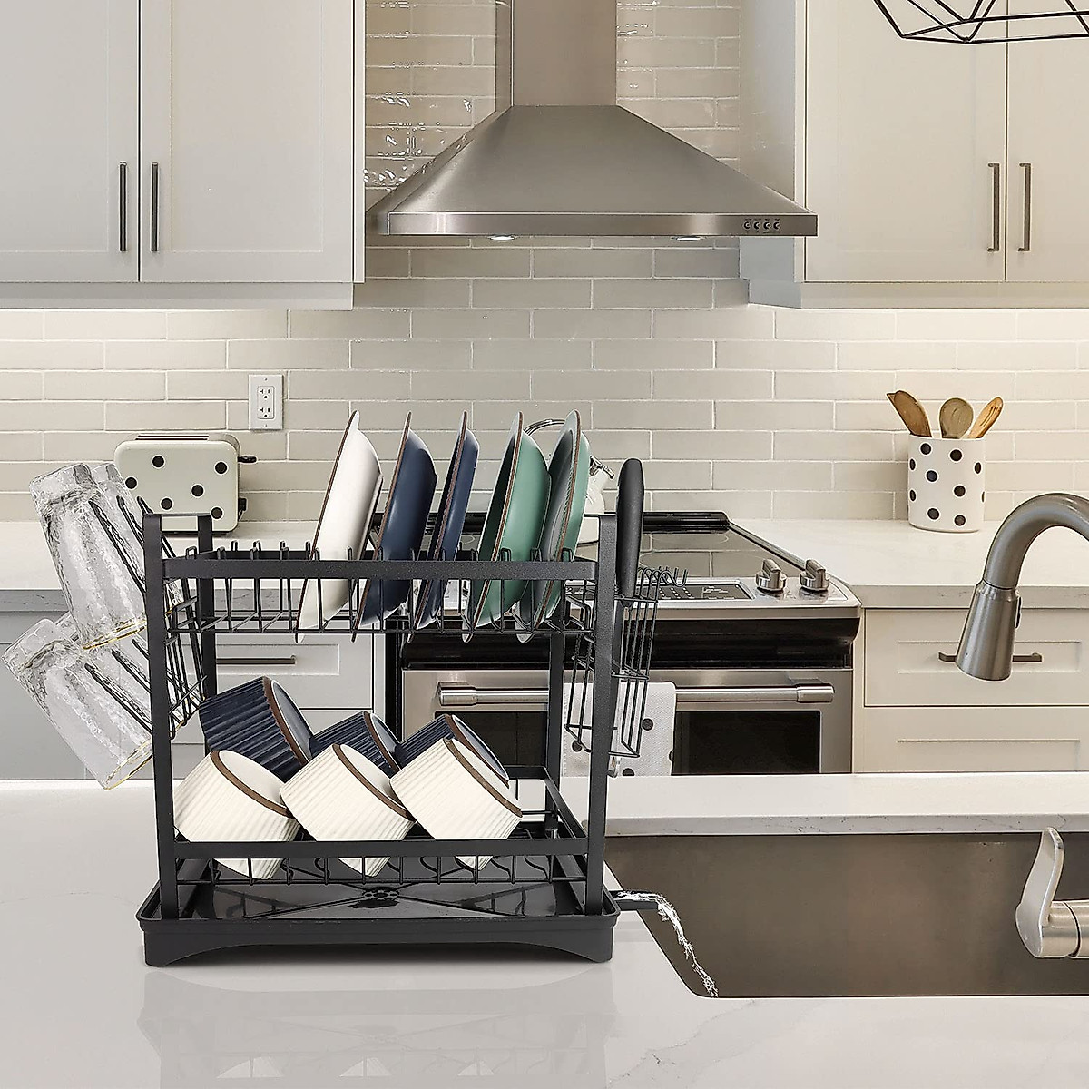 Flaovoth 2 Tier Dish Drying Rack, Dish Drainers for Kitchen Counter Dish Rack with Drying Drainboard, Adjustable Swivel Spout, Cutlery Caddy, Cup Hanging Holder, Spoon Rack and Knife Holder, Black