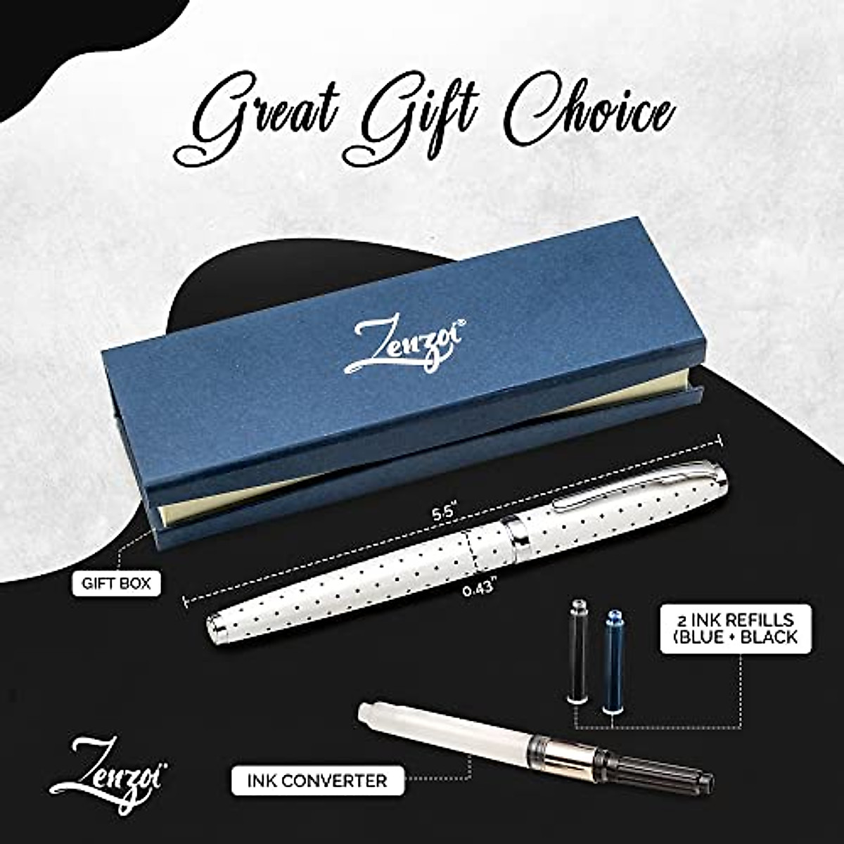 ZenZoi White Fountain Pen | Effortlessly Elegant Writing: Premium Metal Fountain Pen Set with German Schmidt Fine Nib, Ink Converter, and Gift Box Case