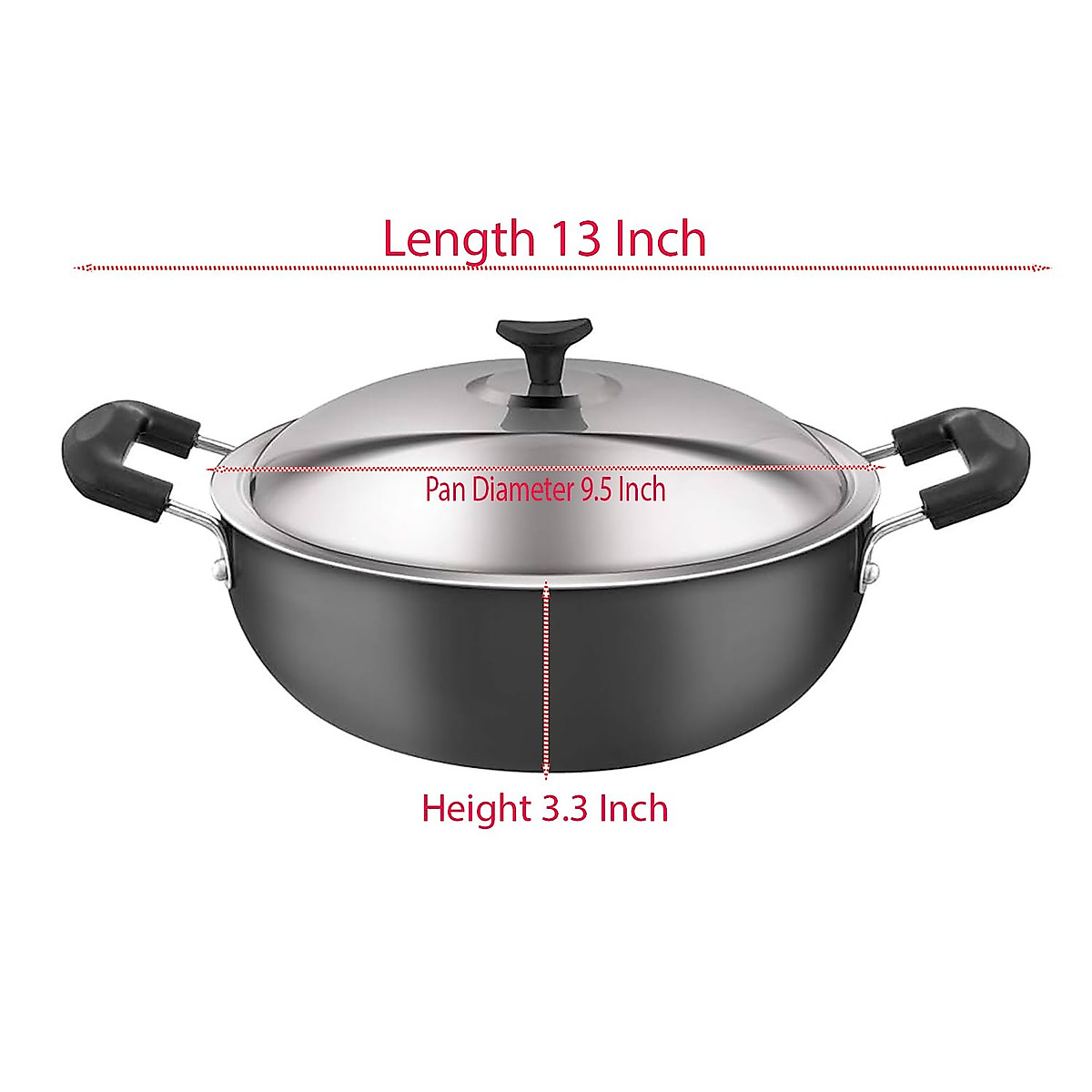Aluminium Kadhai Hard Anodised with Stainless Steel Lid All Purpose Pan Round Bottom Deep Fry Pan / Kadai Stir Fry Pan Multipurpose Pan