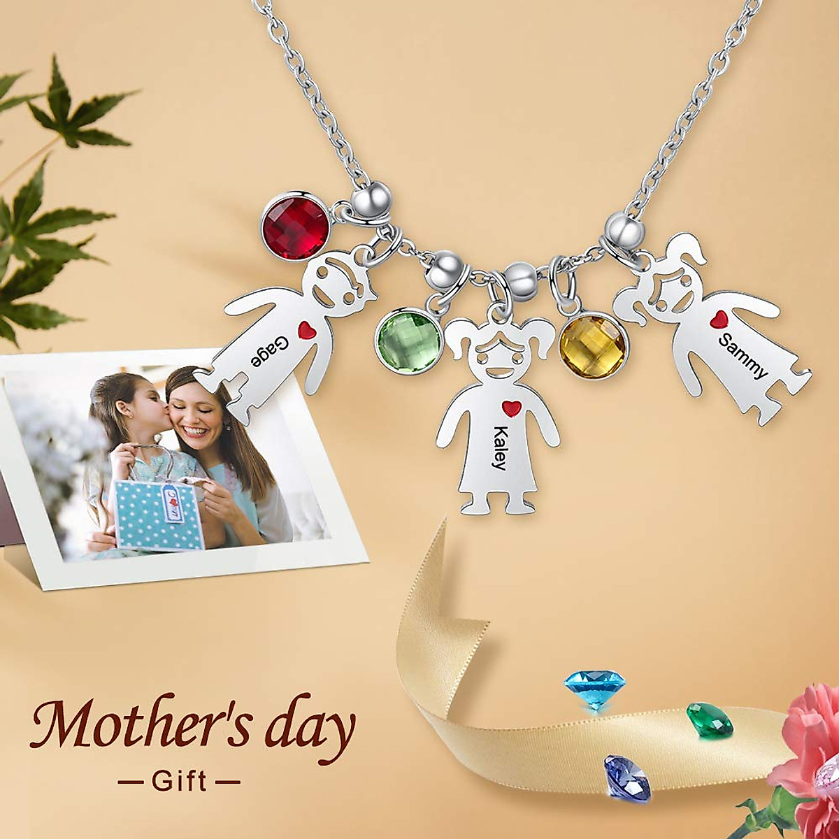 Personalized Children Charms Mothers Necklace with Simulated Birthstones Engraved Boy and Girl Charm Jewelry Infinity Mom Necklace for Women Mother Day (Mothers Necklace with Birthstones, 3 names)