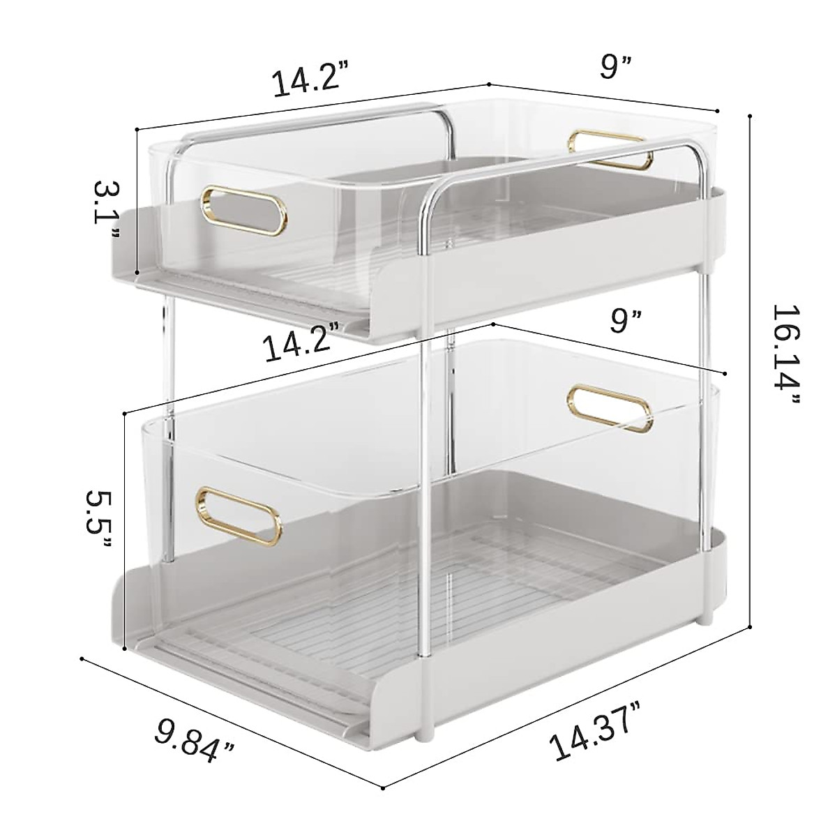 OLizee® 2 Tier Pull Out Organizer Acrylic Under Cabinet Drawer Organizer Sliding Drawer Storage Bins Slide-out Basket Under Sink Organization Shelf for Bathroom Kitchen Office White