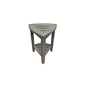 CoastalVogue Flexi Corner Teak Shower Corner Stool Wood Corner Shower Seat Spa Bench with Shelf, 15" Corner Shower Foot Stool in Antique Gray Finish