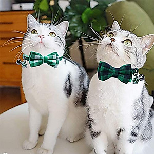 STMK 2 Pack St. Patrick's Day Plaid Cat Collars with Bow Tie Bell Shamrock, Breakaway Adjustable Plaid Cat Collars with Bowtie Bell Shamrock for Cats Kittens