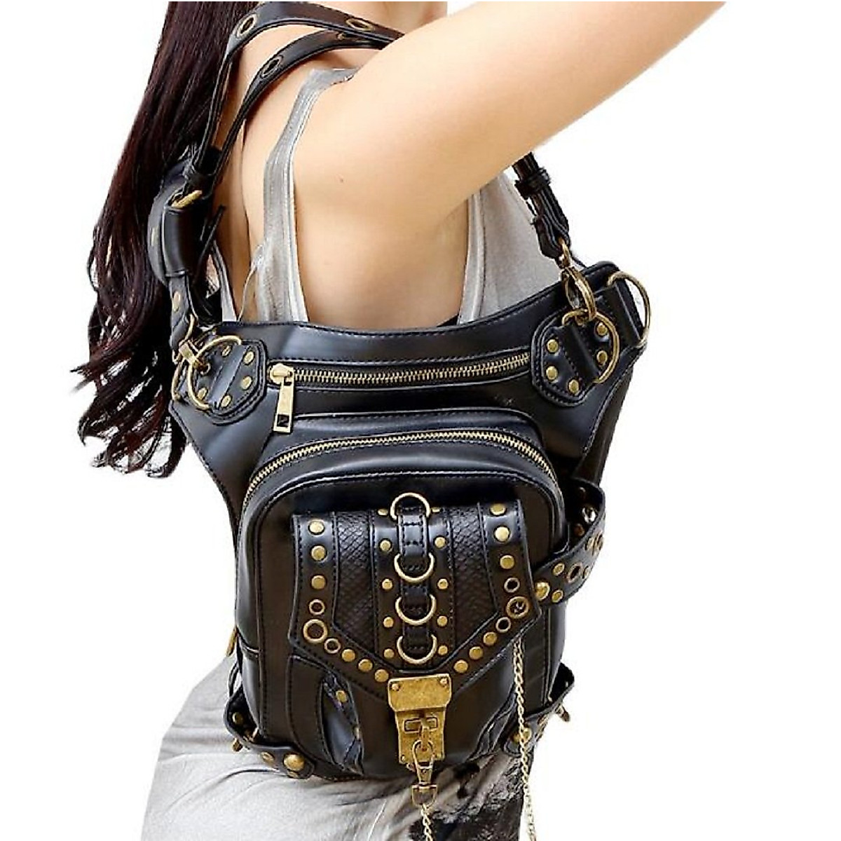 Wendin Rock Leather & Vintage Gothic Retro Steampunk Handbag Victorian Style Shoulder Waist Bag Black