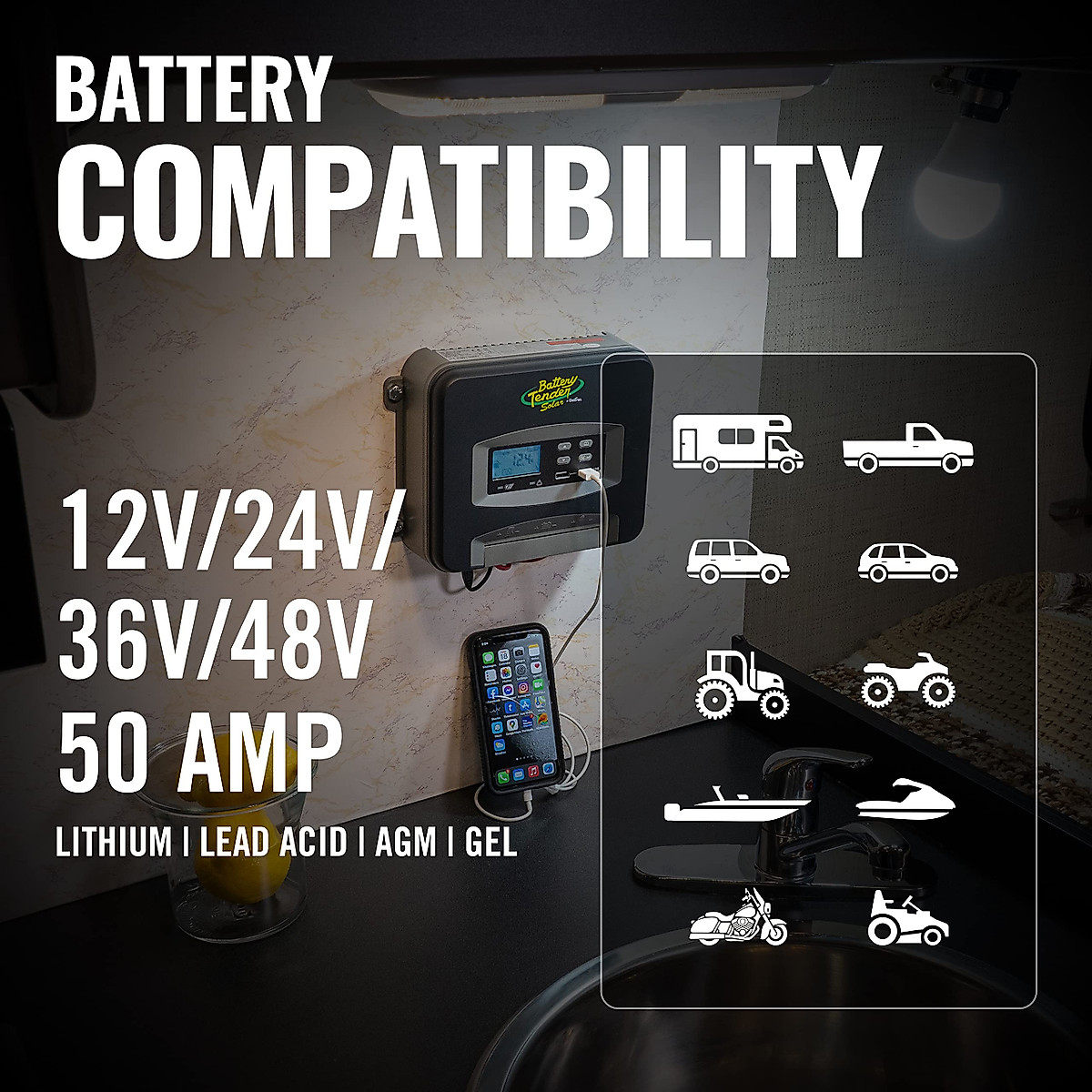 Battery Tender 50 AMP PWM Solar Charge Controller with Dual USB Port and LCD Screen, Suitable for 12, 24, 36, 48 Volt Lead Acid, AGM, Gel, and 12 Volt Lithium Batteries