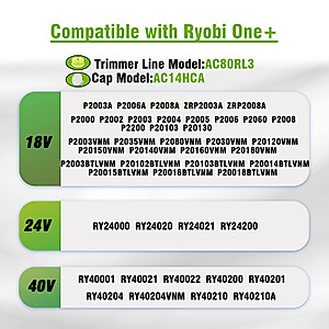 8 Pcs AC80RL3 Replacement Trimmer String for Ryobi One Plus+,0.080" Diameter String Trimmer Refll and AC14HCA Cover Cap Compatible with Ryobi 18v,24v,and 40v Cordless Trimmers(6 Spools+2 Caps)