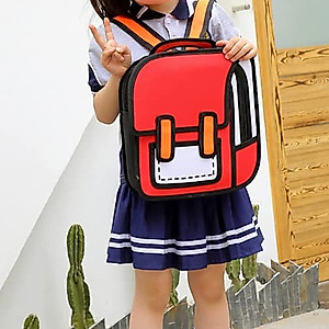 Yinilomo 3D Jump Style Kawaii Backpack Sketch Cute Cartoon 2D Drawing from Comic Paper Anime Bookbag School Supplies Fun Daypack (Red)