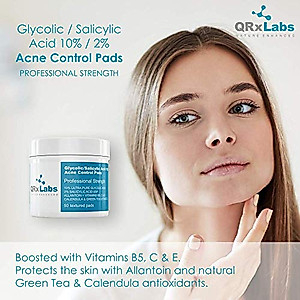 Glycolic/Salicylic Acid 10/2 Acne Control Pads with 10% Ultra Pure Glycolic Acid + 2% Salicylic Acid, Allantoin, Vitamins B5, C & E, Calendula & Green Tea - Most Effective Acne Treatment - Clear Skin