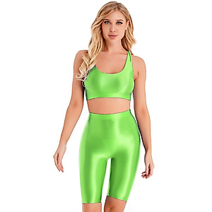YiZYiF Women Glossy 2 Piece Set Yoga Crop Top Shorts Set Outfits Sleeveless Tracksuit Workout Set Fluorescent Green X-Large
