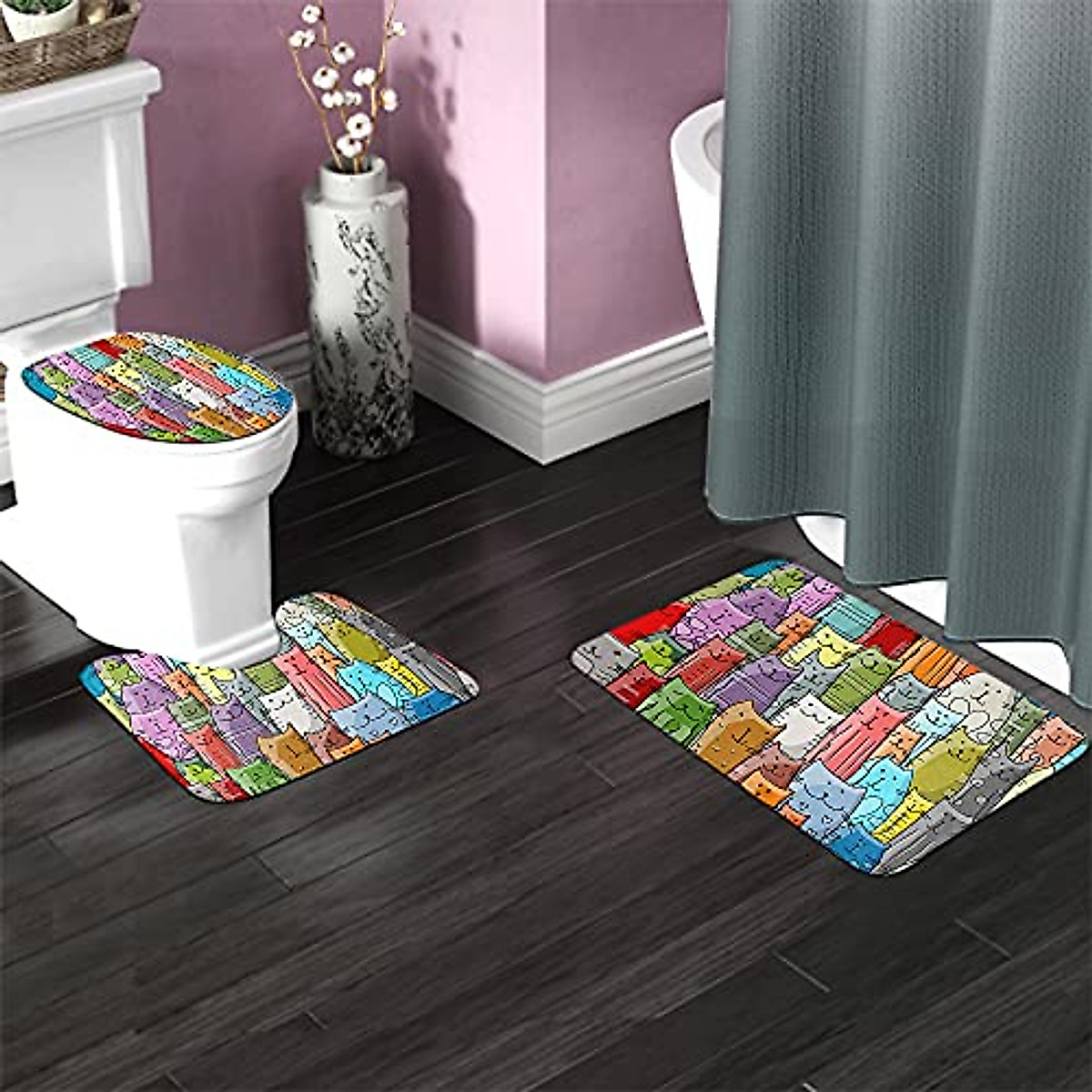 Wondertify Funny Cats Family Bathroom Antiskid Pad Cute Animal Crowd Fun Grace Joy Lazy Love 3 Pieces Bathroom Rugs Set, Bath Mat+Contour+Toilet Lid Cover