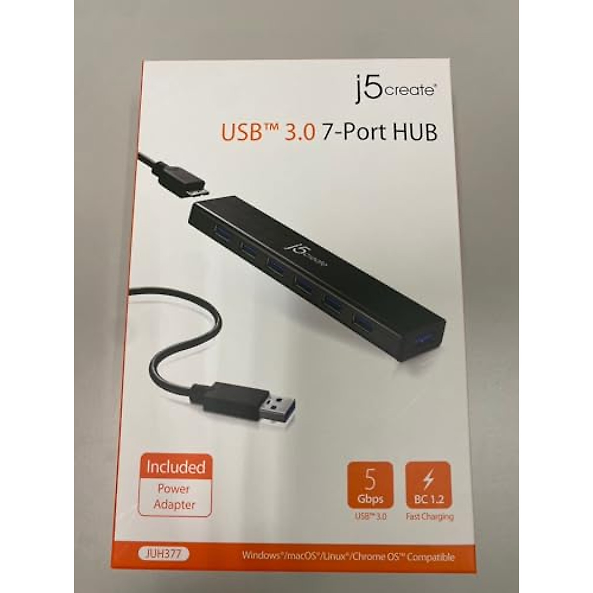 j5create 7-Port Powered USB 3.0 Data Hub with 3.3 ft Extended Cable [20W Power Adapter Included] for Mac, MacBook, Windows, Laptop, Surface, XPS, PC (JUH377)