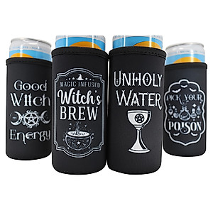 Witchy 12oz Slim Can Coolers - Stocking Stuffer Gothic Gift for Women, Adult Boo Basket for Her, Goth Car Accessories, Insulated 12 oz. Tall Skinny Can Cooler, Funny Witch Stuff Slim Can Sleeves