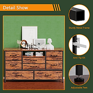 Furnulem Bedroom Dresser TV Stand with 8 Drawers, Long Chest of Drawers with Power Outlets Wood Desk Top - for Closet, Living Room Wide Storage Fabric Bins, Industrial Furniture (Rustic Brown)