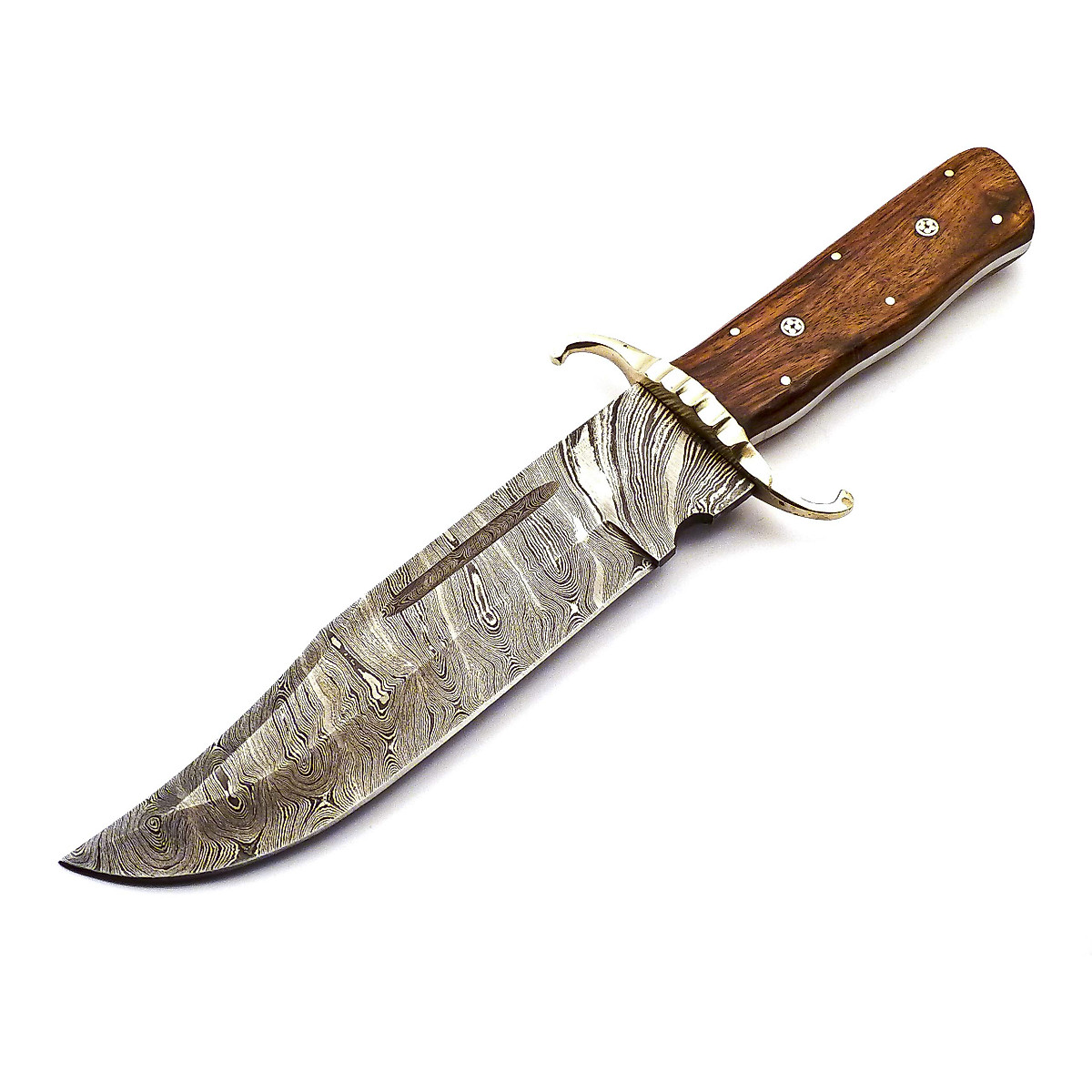 Skokie Knives Custom Hand Made Damascus Steel Hunting Bowie Knife Handle Walnut Wood With Mosic Pins And Brass Guard