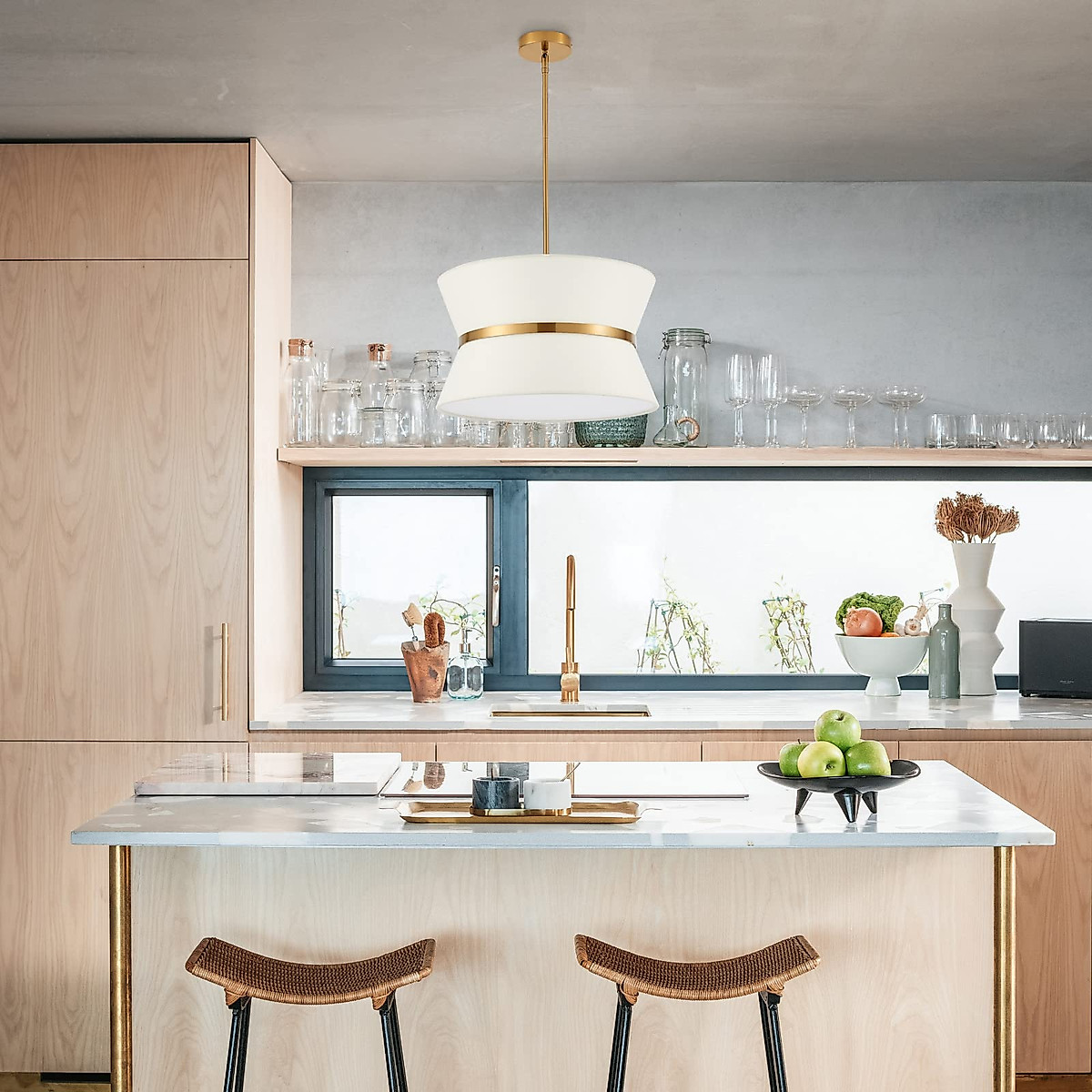 ELYCCUPA Modern Chandelier with Off-White Fabric Shade and Brass Finished Adjustable Pendant Light for Kitchen Island Living Room Bedroom Hallway, E26, Dia 18 Inch, UL Listed