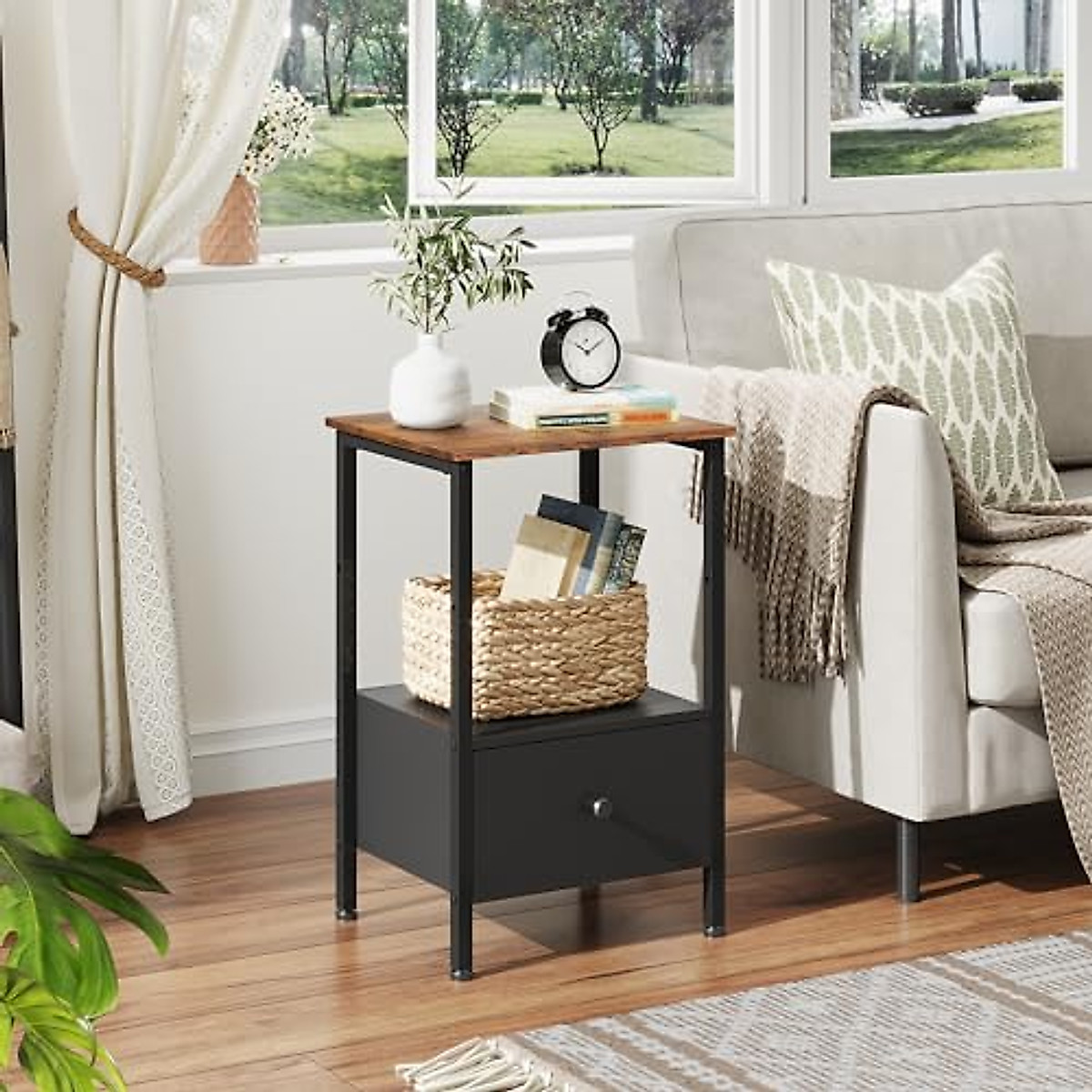 WLIVE Nightstand, Bedside Table with Adjustable Wooden Drawer, 2-Tier Night Stands for Couch, Bed, Sofa, End Table Side Table for Bedroom, Living Room, Black (1 Pack)