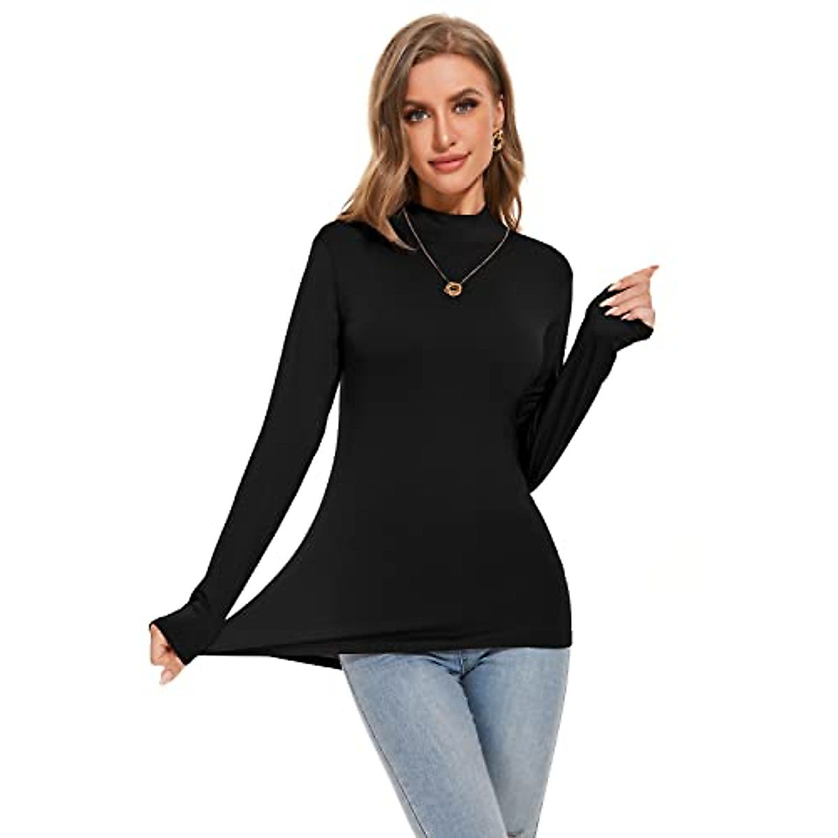 Black Turtleneck for Women Long Sleeve Mock Neck Tops Stretchy Lightweight Slim Fitted Pullovers Large