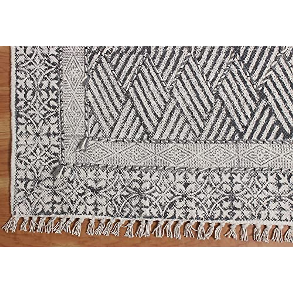 Casavani Handmade Area Rugs Hand Block Printed Cotton Dhurrie Gray, Black Boho Kilim Flat Weave Rug Indoor Bedroom Decor Rugs for Laundry Kitchen Bathroom 4x20 Feet Runner (120x600 cm)