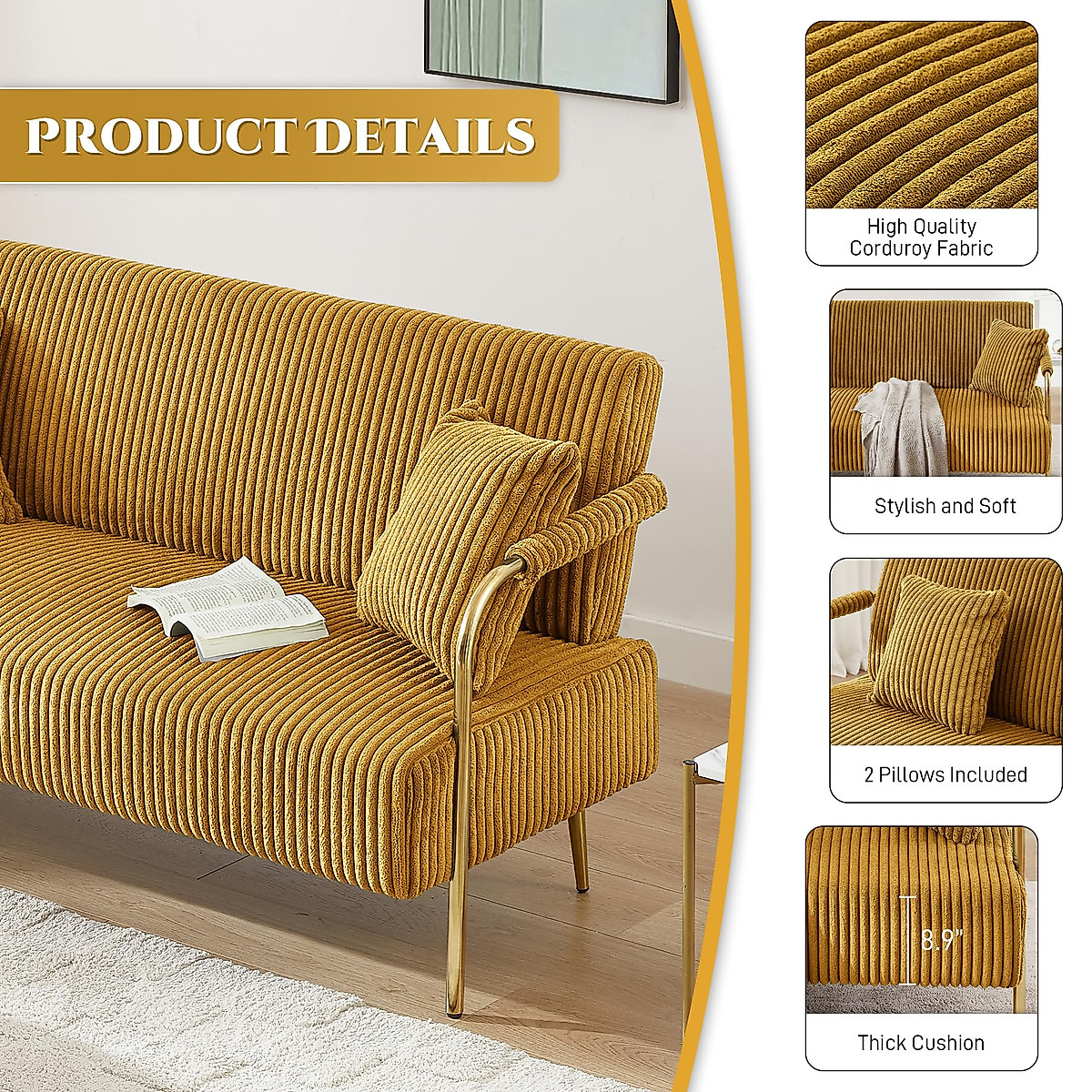 OUYESSIR Loveseat Small Sofa Couch, 59" Love Seat Settee 2 Seater Upholstered Sofa with 2 Pillows for Small Space Living Room Office Apartment (Ginger, Corduroy)