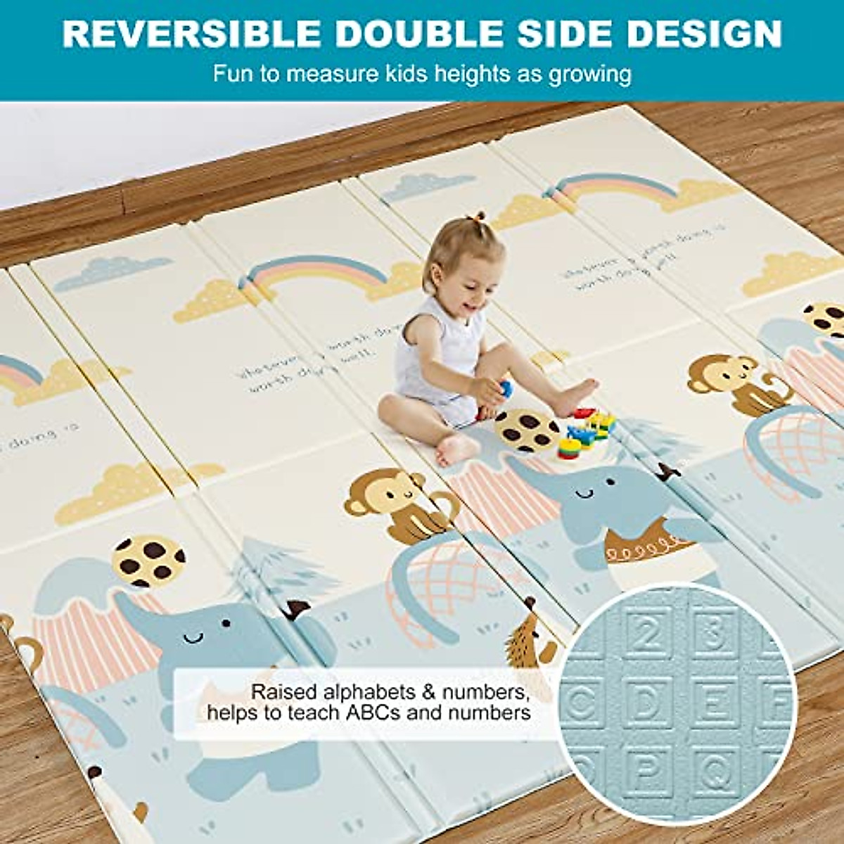 ZHUOKECE Baby Play Mat,Thickened 0.8 inches Foldable Floor Mats for Kids, Extra Large Waterproof Activity Crawling Playmats,Multifunctional Mat with Travel Bag(71" x 79"） (Blue Elephant)