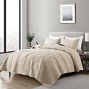 Beige Quilts Queen Size Bedding Sets with Pillow Shams, Tan Cream Lightweight Soft Bedspread Coverlet, Quilted Blanket Thin Comforter Bed Cover, All Season Summer Spring, 3 Pieces, 90x90 inches