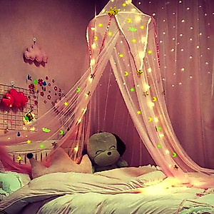Glamorstar Bed Canopy for Girls Princess Mosquito Net Glow in The Dark Stars and Moon Crib Hanging Tent Bedroom Decor Gift for Kids Pink Crwon