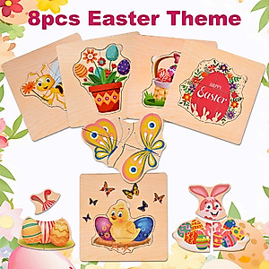 8pcs Easter Puzzles for Toddlers 3-5, Easter Basket Stuffers Fillers for Toddler Party Favors- Wooden Puzzles Gifts Toys for Kids Boys Girls Baby, Classroom Exchange Gifts Rabbits Eggs Puzzle